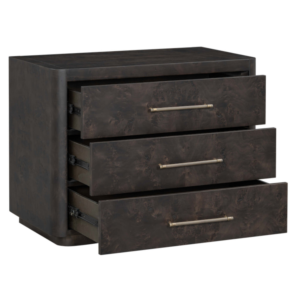 Marshall 3 Drawer Nightstand, Chocolate Burl – High Fashion Home